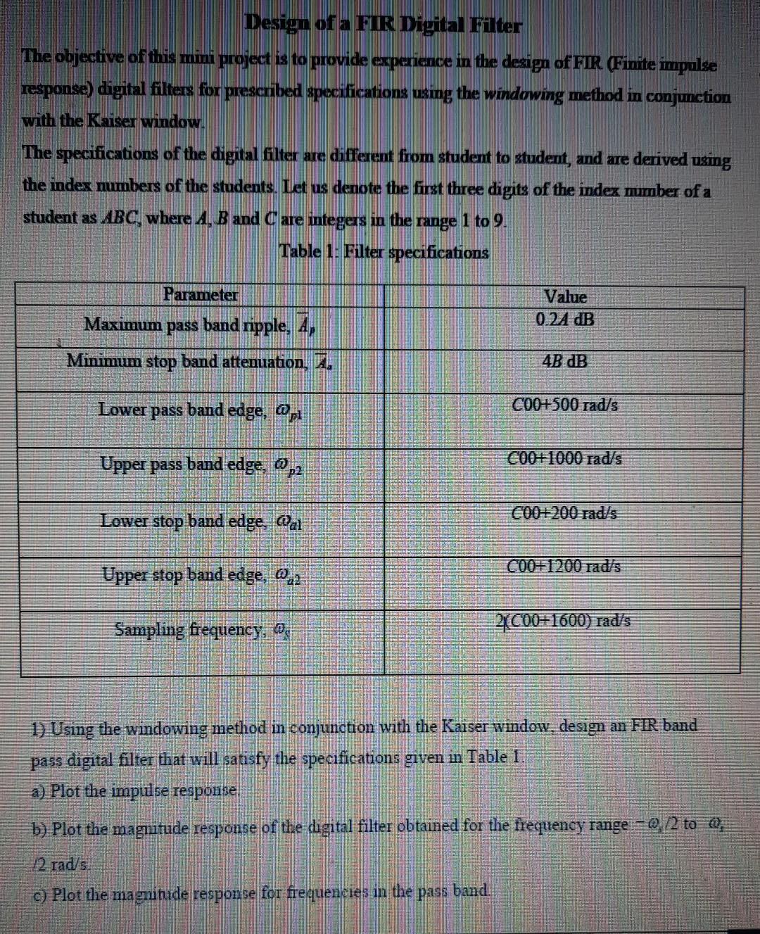 Design of a FIR Digital Filter The objective of this | Chegg.com