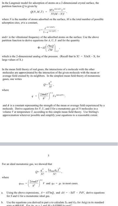 Solved In the Langmuir model for adsorption of atoms on a | Chegg.com