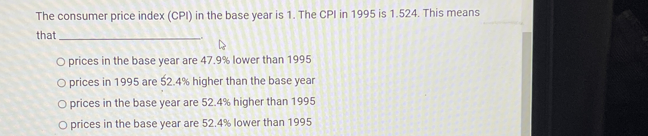 Solved The consumer price index (CPI) ﻿in the base year is | Chegg.com