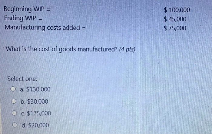 Solved Beginning WIP = Ending WIP = Manufacturing costs | Chegg.com
