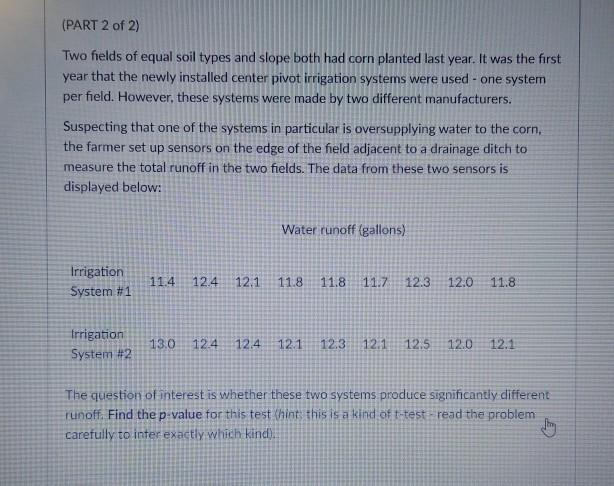 Solved (PART 2 of 2) Two fields of equal soil types and | Chegg.com