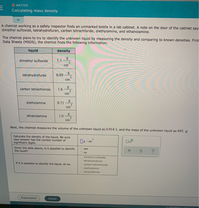 Solved O MATTER Calculating mass density A chemist working | Chegg.com
