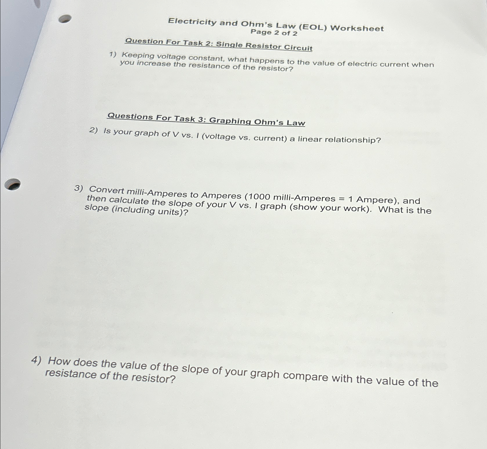 Solved Electricity and Ohm's Law (EOL) ﻿WorksheetPage 2 ﻿of | Chegg.com