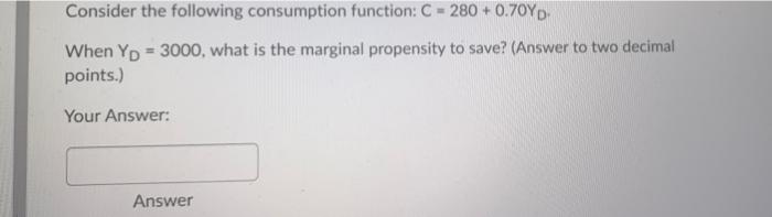 Solved Consider the following consumption function: C = 280 | Chegg.com
