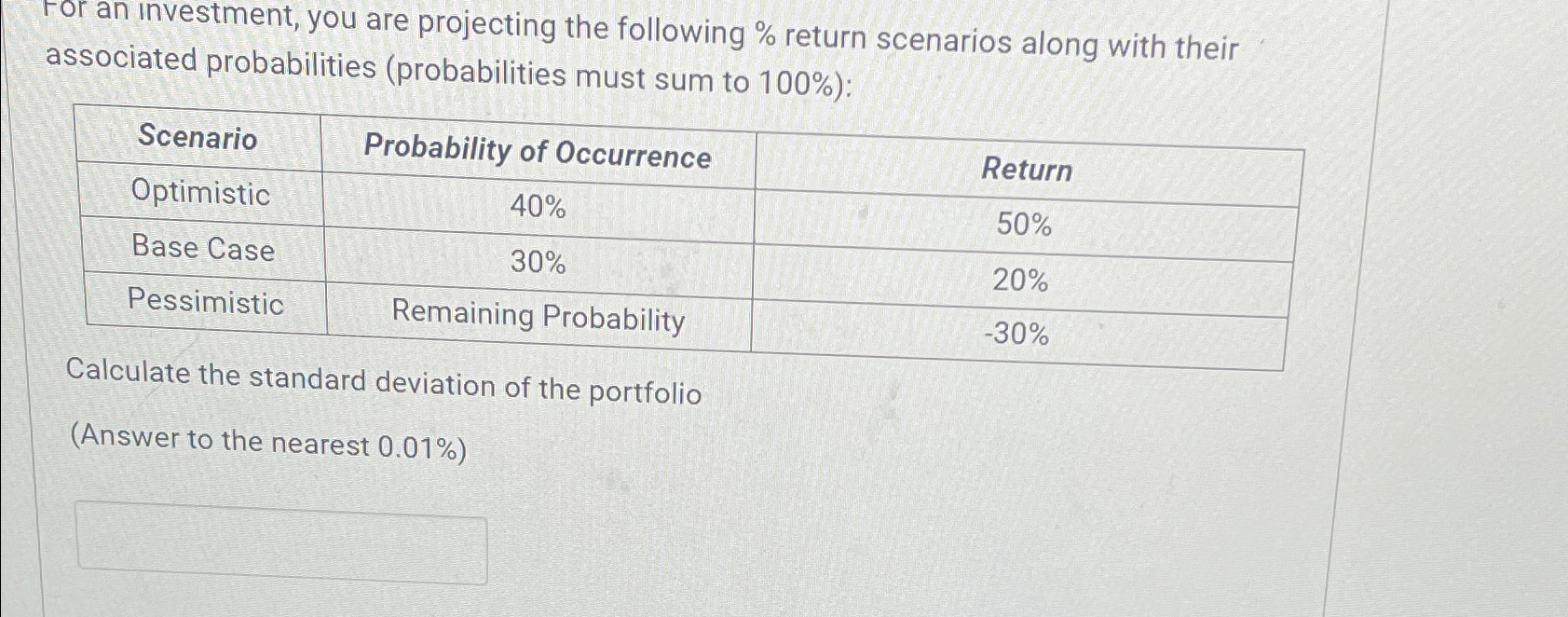 Solved For an investment, you are projecting the following % | Chegg.com