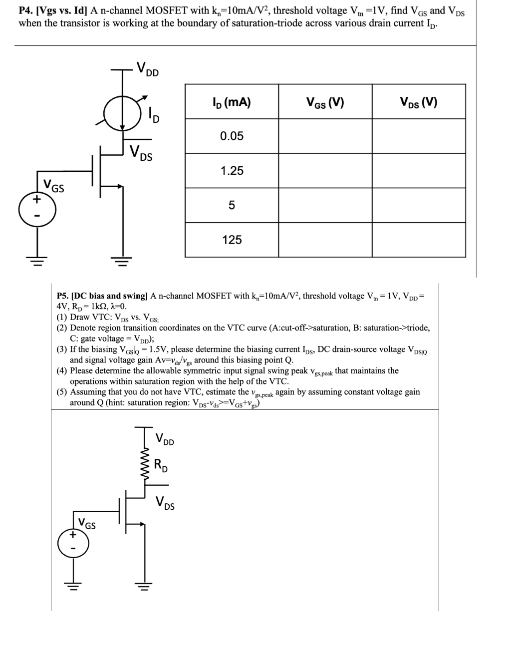 P5. [DC bias and swing] ﻿A n-channel MOSFET with | Chegg.com
