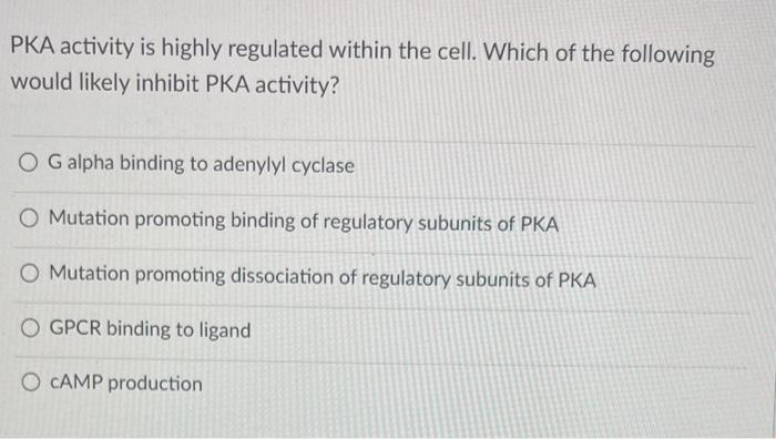 Solved PKA activity is highly regulated within the cell. | Chegg.com