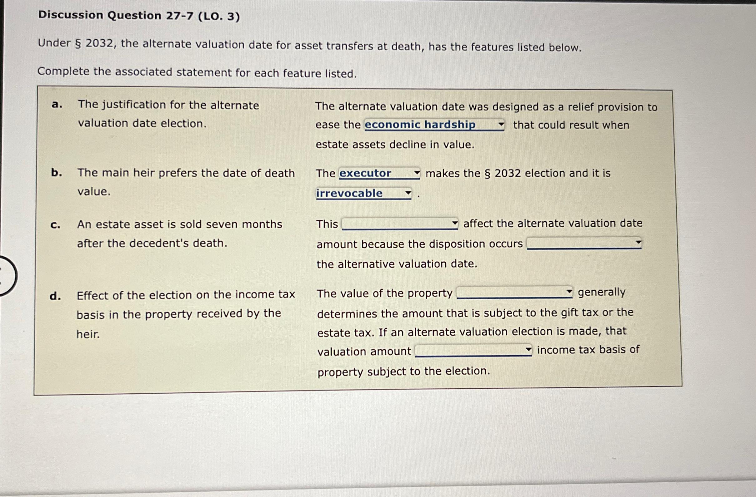 Solved Discussion Question 27-7 (LO. 3)Under § 2032, ﻿the | Chegg.com