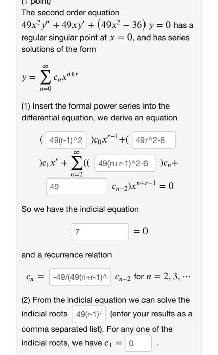 49x2y′′+49xy′+(49x2−36)y=0 has a regular singular | Chegg.com
