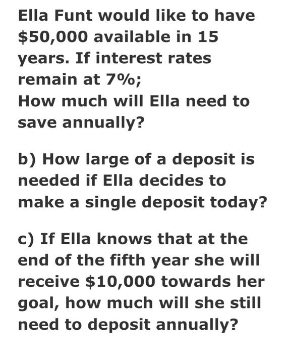 Solved Ella Funt would like to have $50,000 available in 15 | Chegg.com