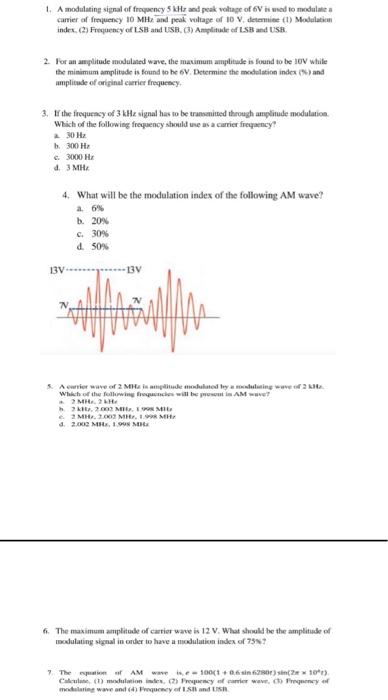 Solved 1. A modulating signal of fropency 5kH and peak | Chegg.com