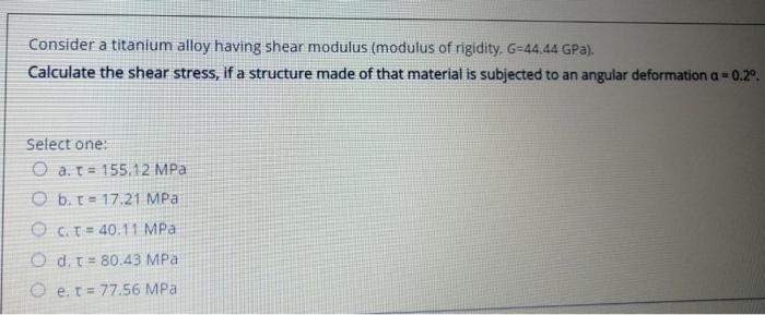 Solved Consider a titanium alloy having shear modulus | Chegg.com