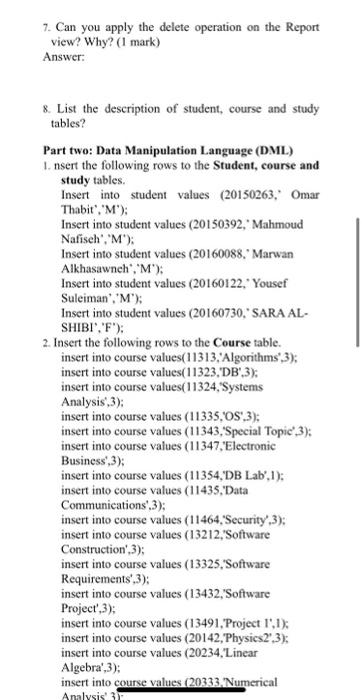 Solved Part One: Data Definition Language (DDL) 1. Create | Chegg.com