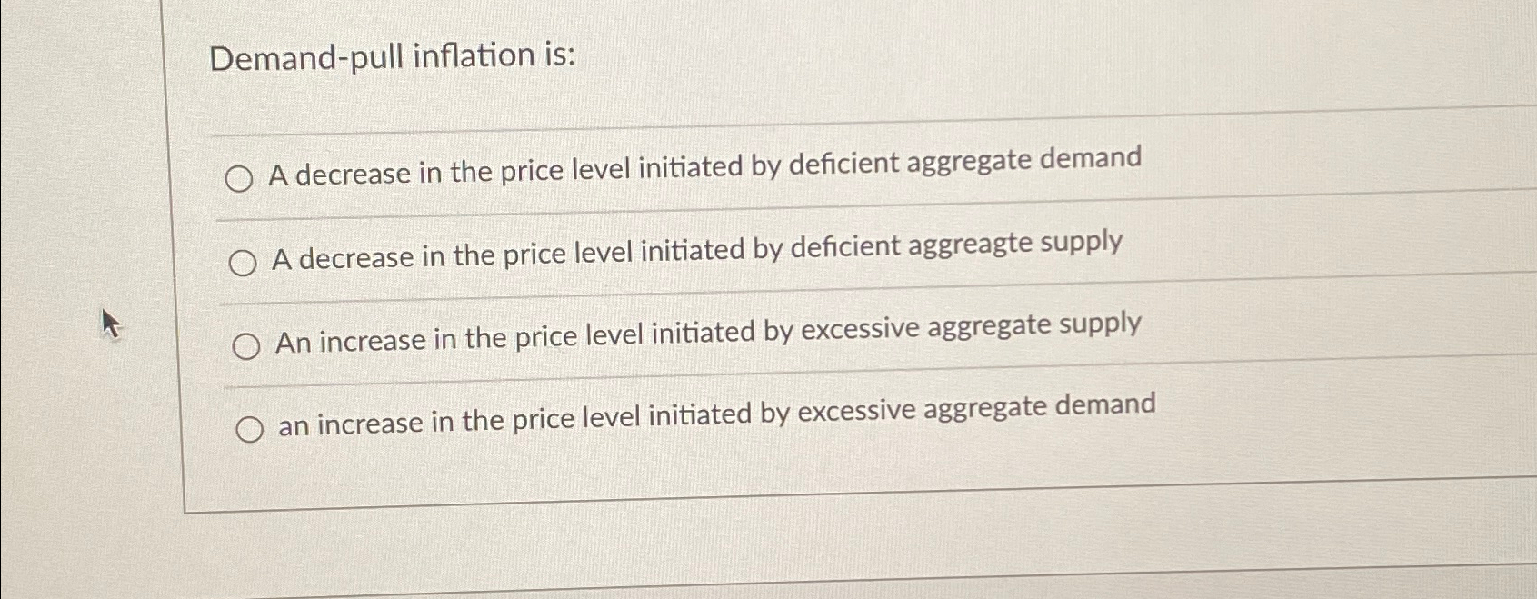 Solved Demand-pull inflation is:A decrease in the price | Chegg.com