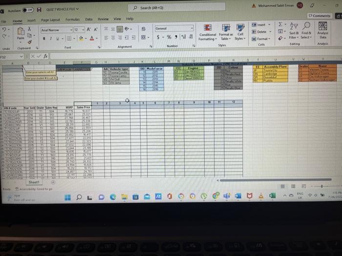 Solved In K14 Use the VIN A code breakdown provided at the | Chegg.com