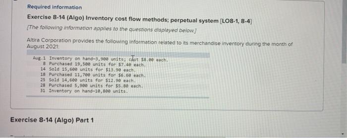 Solved Required information Exercise 8-14 (Algo) Inventory | Chegg.com
