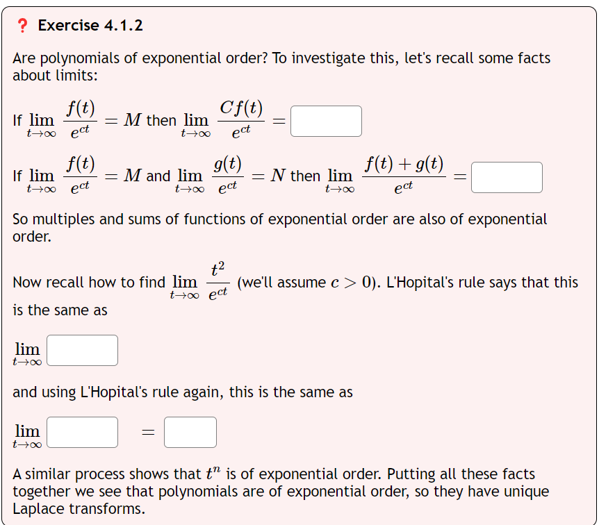 Solved Exercise 4.1.2Are polynomials of exponential order? | Chegg.com