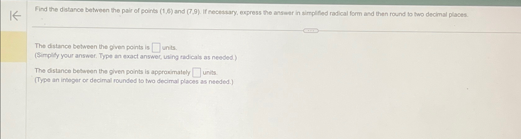 Solved Find the distance between the pair of points (1,6) | Chegg.com