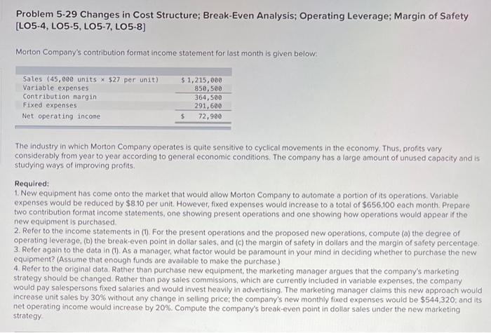 Solved Problem 5.29 Changes in Cost Structure; Break-Even | Chegg.com