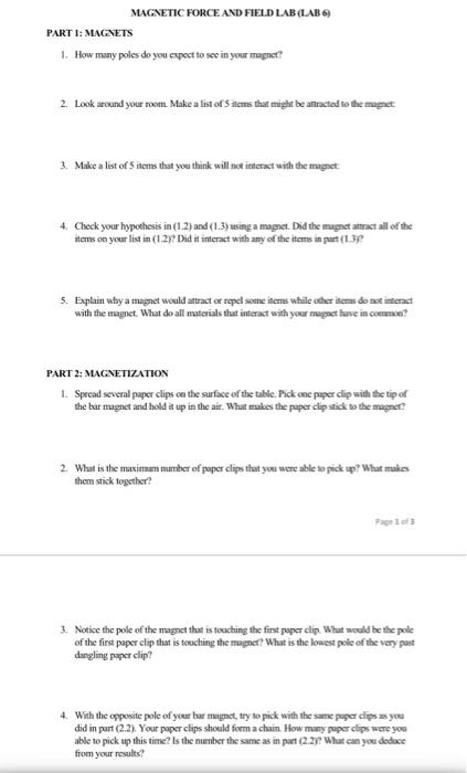 Solved MAGNETIC FORCE AND FIELD LAB (LAB 6) PART 1: MAGETS | Chegg.com