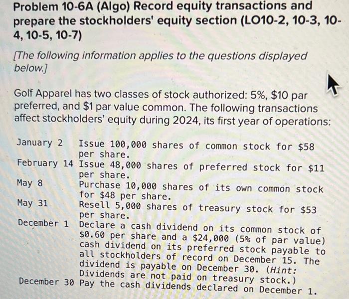 Solved Problem 10-6A (Algo) Record equity transactions and | Chegg.com