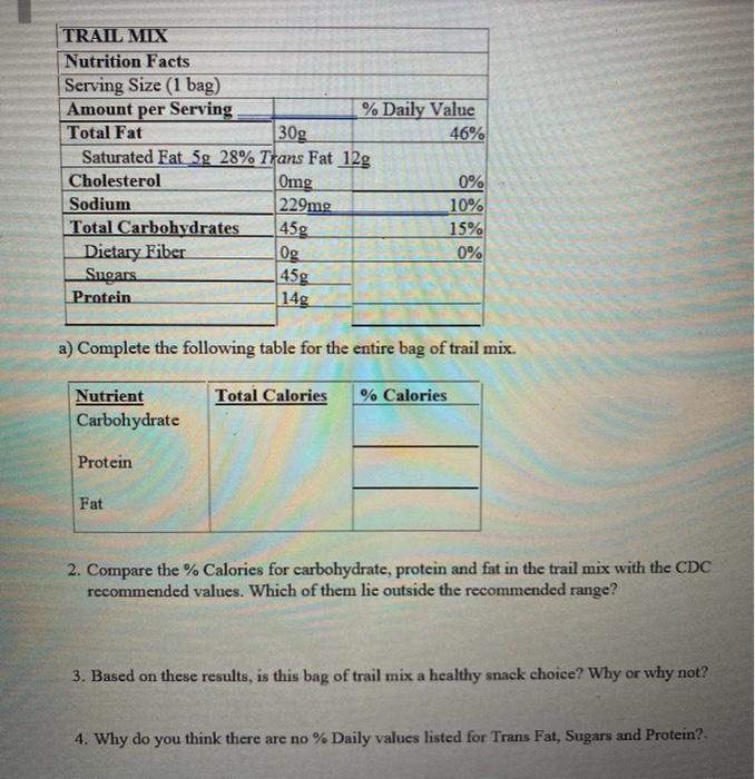 Solved TRAIL MIX Nutrition Facts Serving Size (1 bag) Amount | Chegg.com