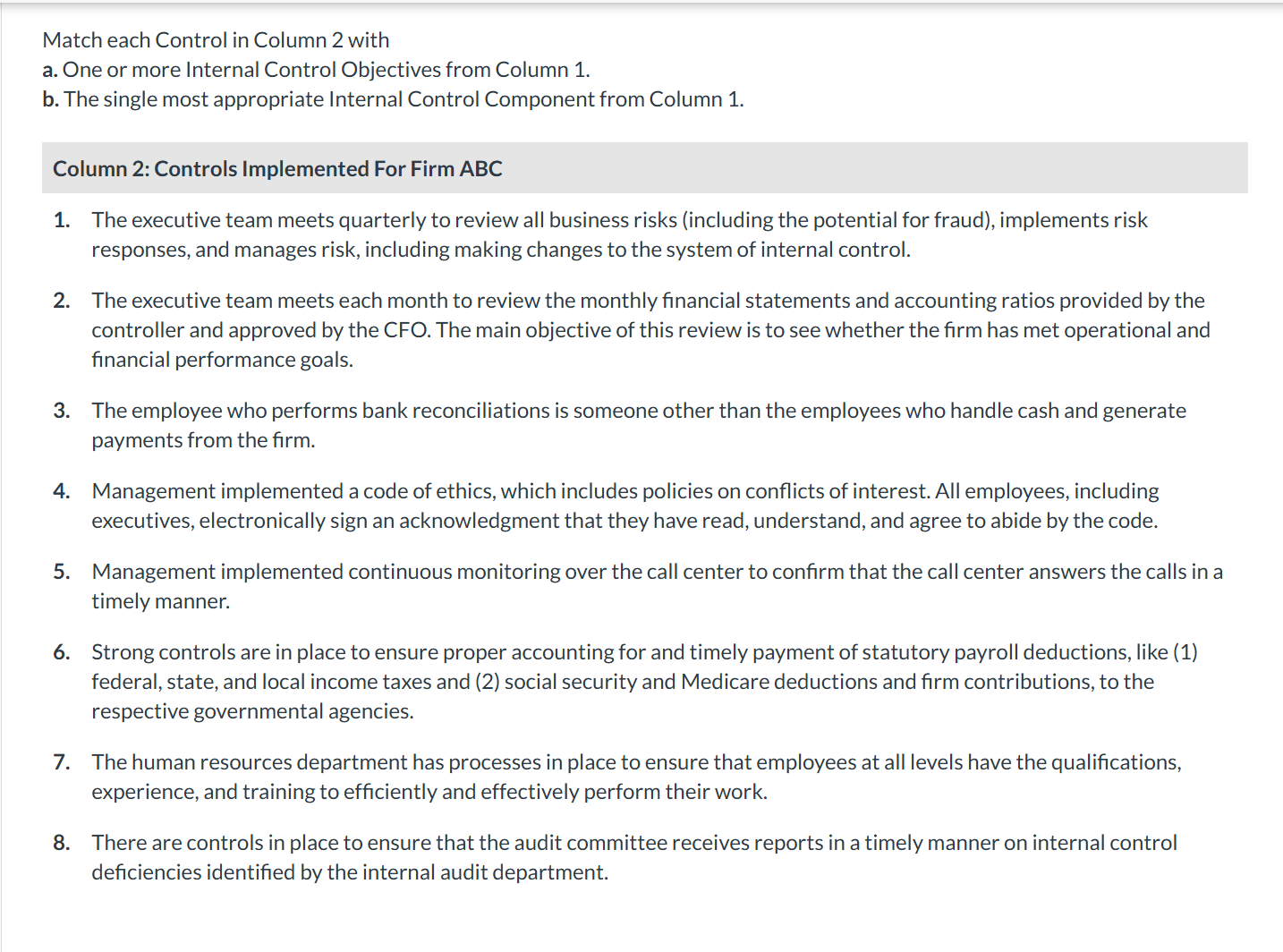 Solved Match each Control in Column 2 ﻿with a. ﻿One or more | Chegg.com