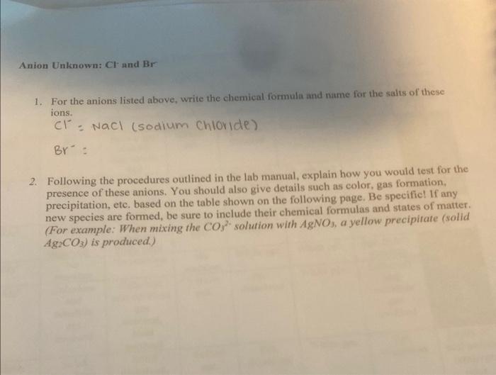 Solved 1. For the anions listed above, write the chemical | Chegg.com