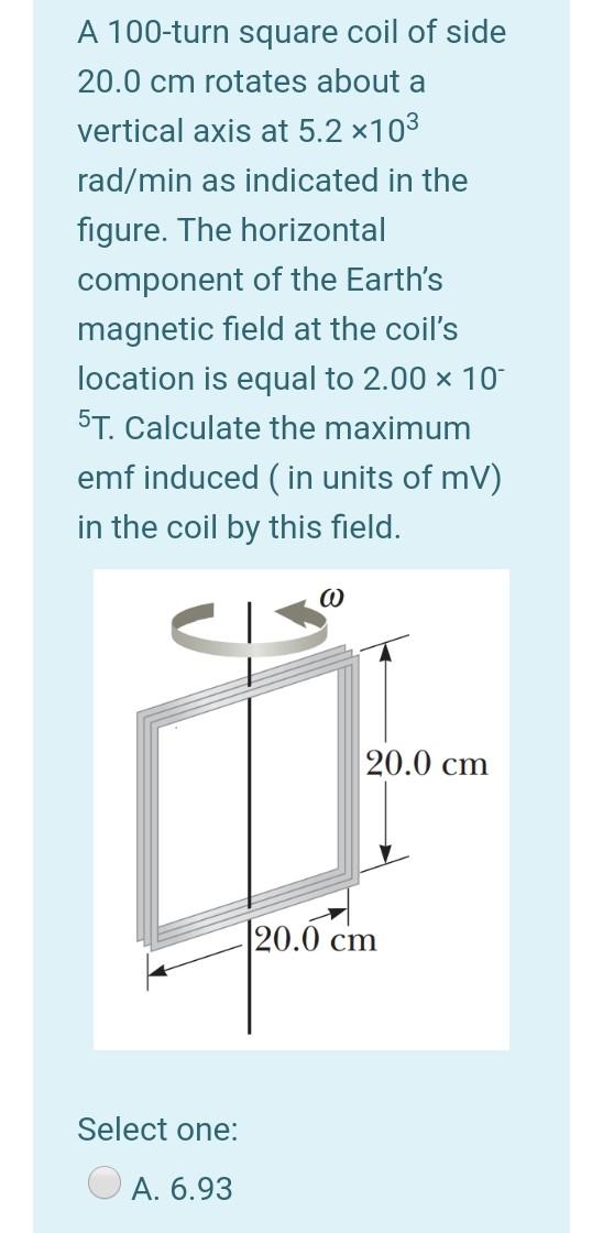 Solved A 100-turn square coil of side 20.0 cm rotates about | Chegg.com