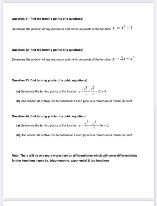 Solved Question 11 (find the turning points of a quadratic) | Chegg.com
