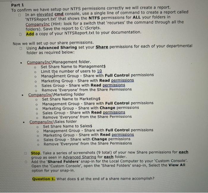 Solved Part 1 To confirm we have setup our NTFS permissions | Chegg.com