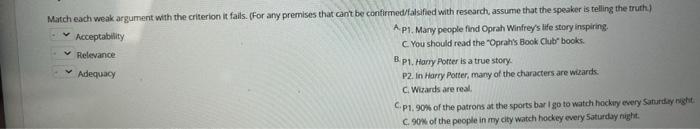 Match each weak argument with the criterion it fails. | Chegg.com