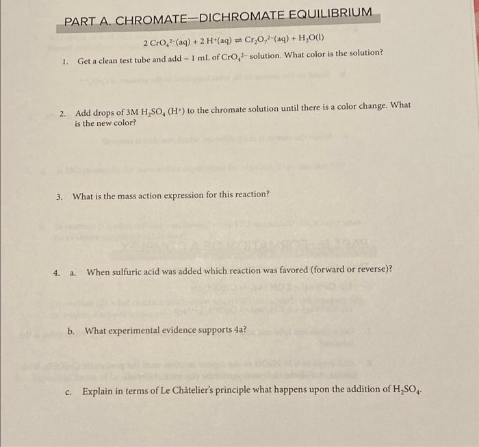 Solved PART A. CHROMATE-DICHROMATE EQUILIBRIUM | Chegg.com