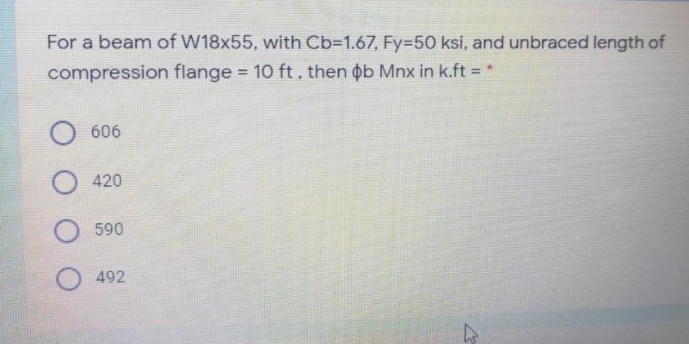 Solved For a beam of W18x55, with Cb=1.67, Fy=50 ksi, and | Chegg.com