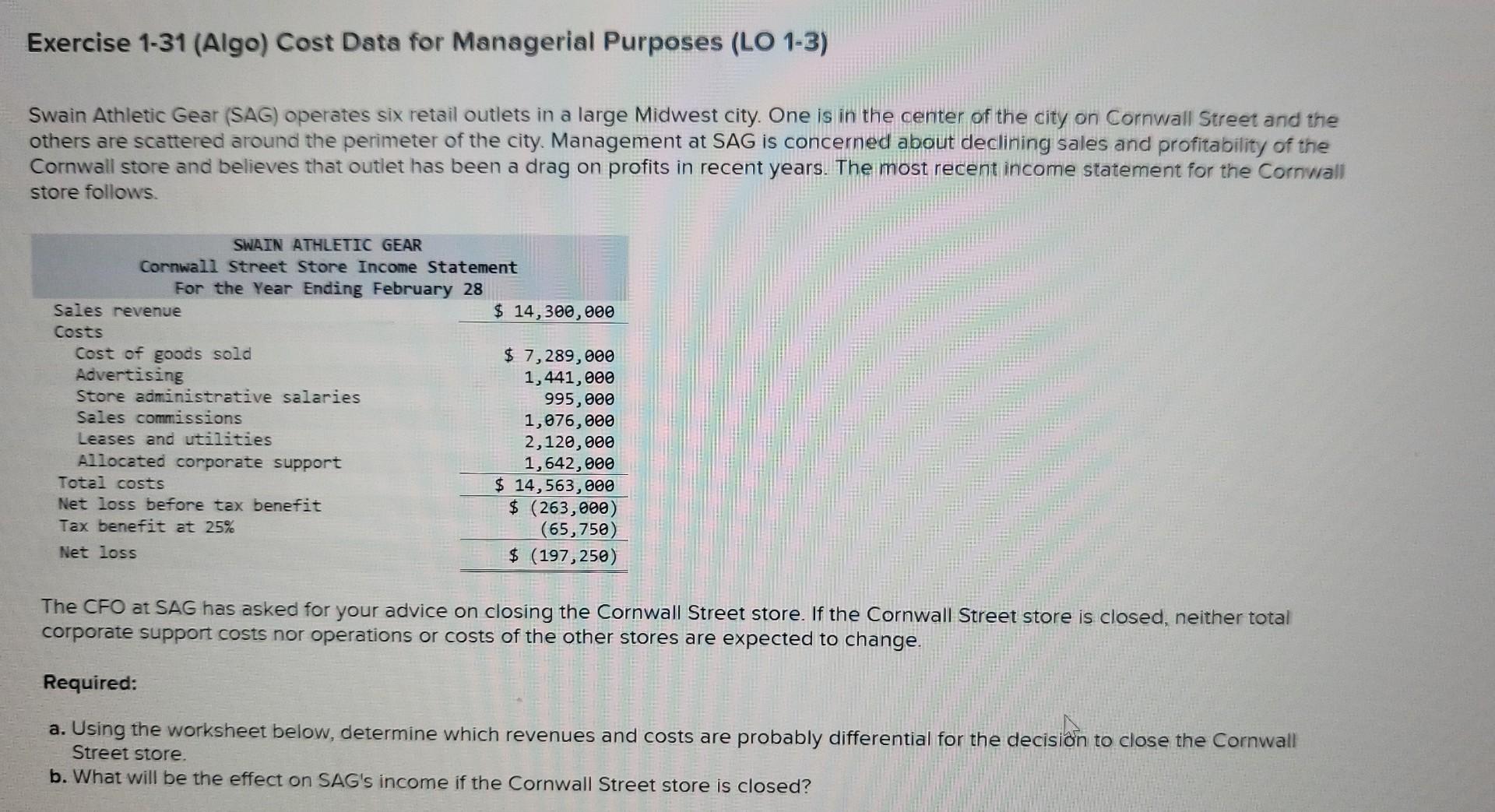 Solved Exercise 1-31 (Algo) Cost Data for Managerial | Chegg.com