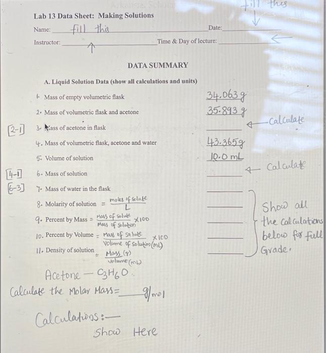 Lab 13 Data Sheet: Making Solutions Name: fill this | Chegg.com