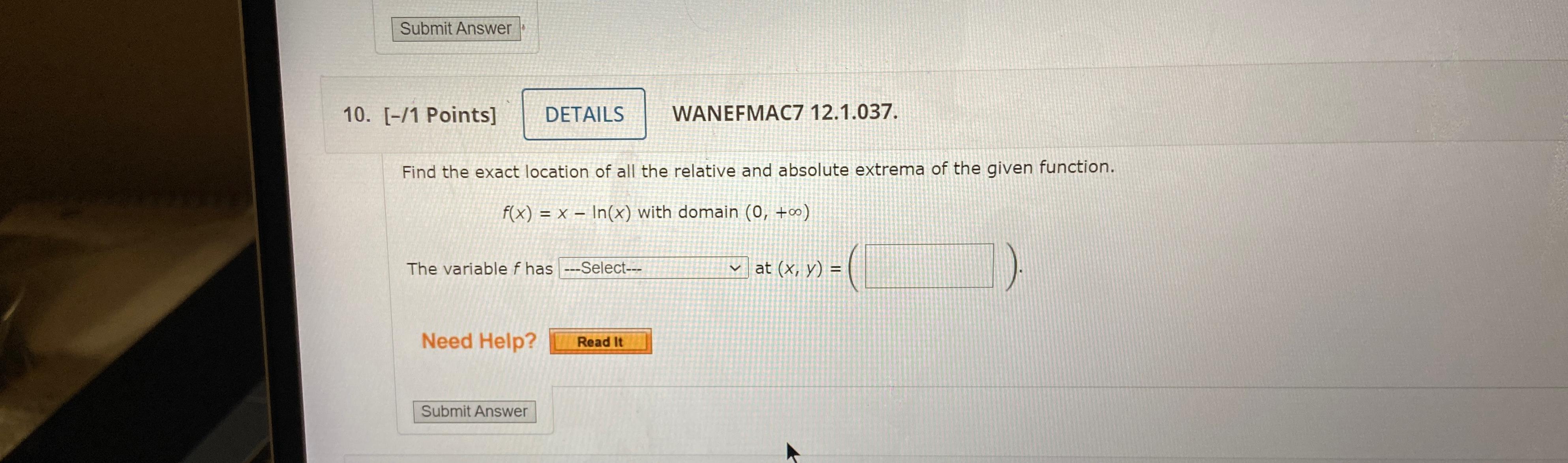 Solved Submit Answer10. ﻿ Points]WANEFMAC7 12.1.037.Find the | Chegg.com