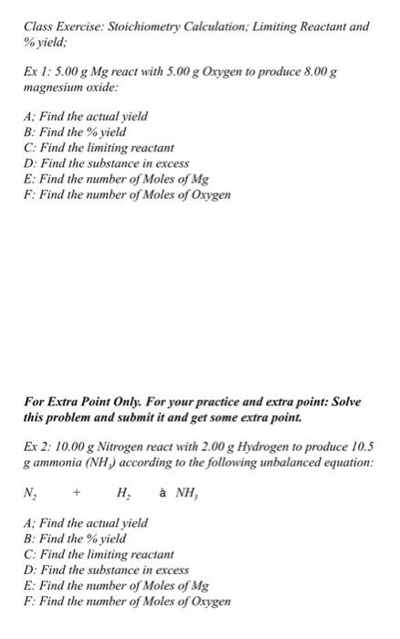 Solved Class Exercise: Stoichiometry Calculation; Limiting | Chegg.com