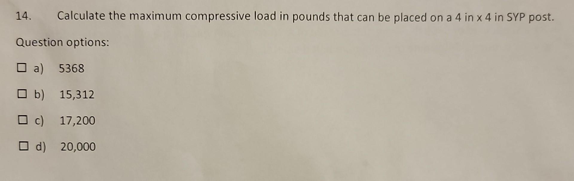 Solved 14. Calculate the maximum compressive load in pounds | Chegg.com