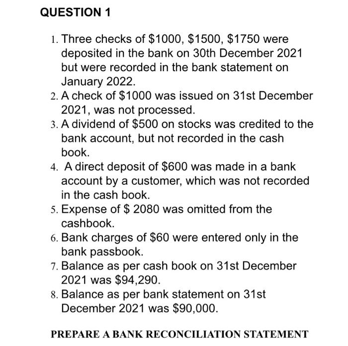 Solved QUESTION 1 1. Three checks of $1000, $1500, $1750 | Chegg.com