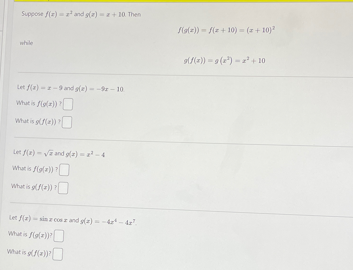 Solved Suppose f(x)=x2 ﻿and g(x)=x+10. | Chegg.com