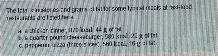 Solved The total kilocalories and grams of fat for some | Chegg.com