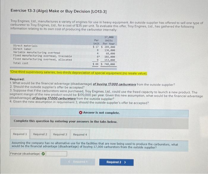 Solved Exercise 13-3 (Algo) Make or Buy Decision [LO13-3] | Chegg.com
