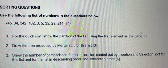 Solved SORTING QUESTIONS Jse the following list of numbers | Chegg.com