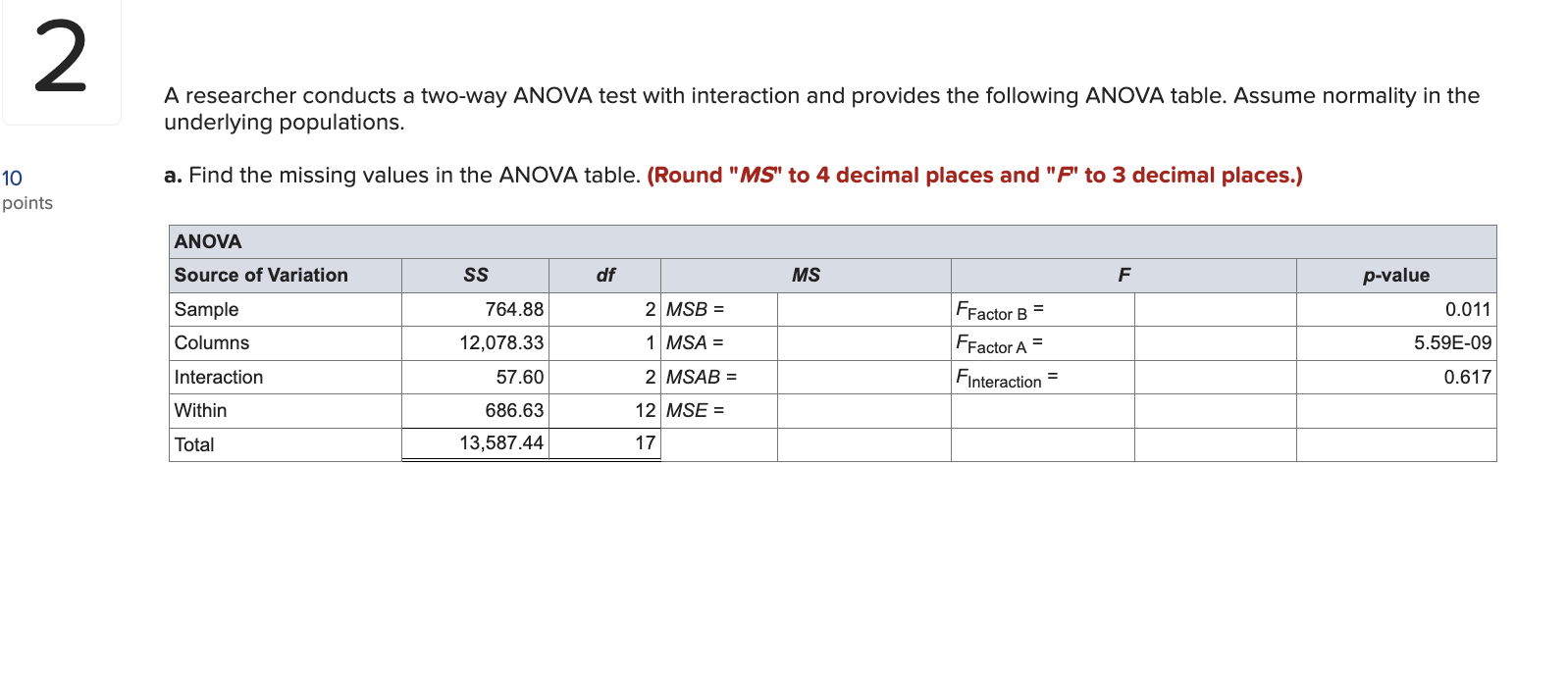 Solved A researcher conducts a two-way ANOVA test with | Chegg.com