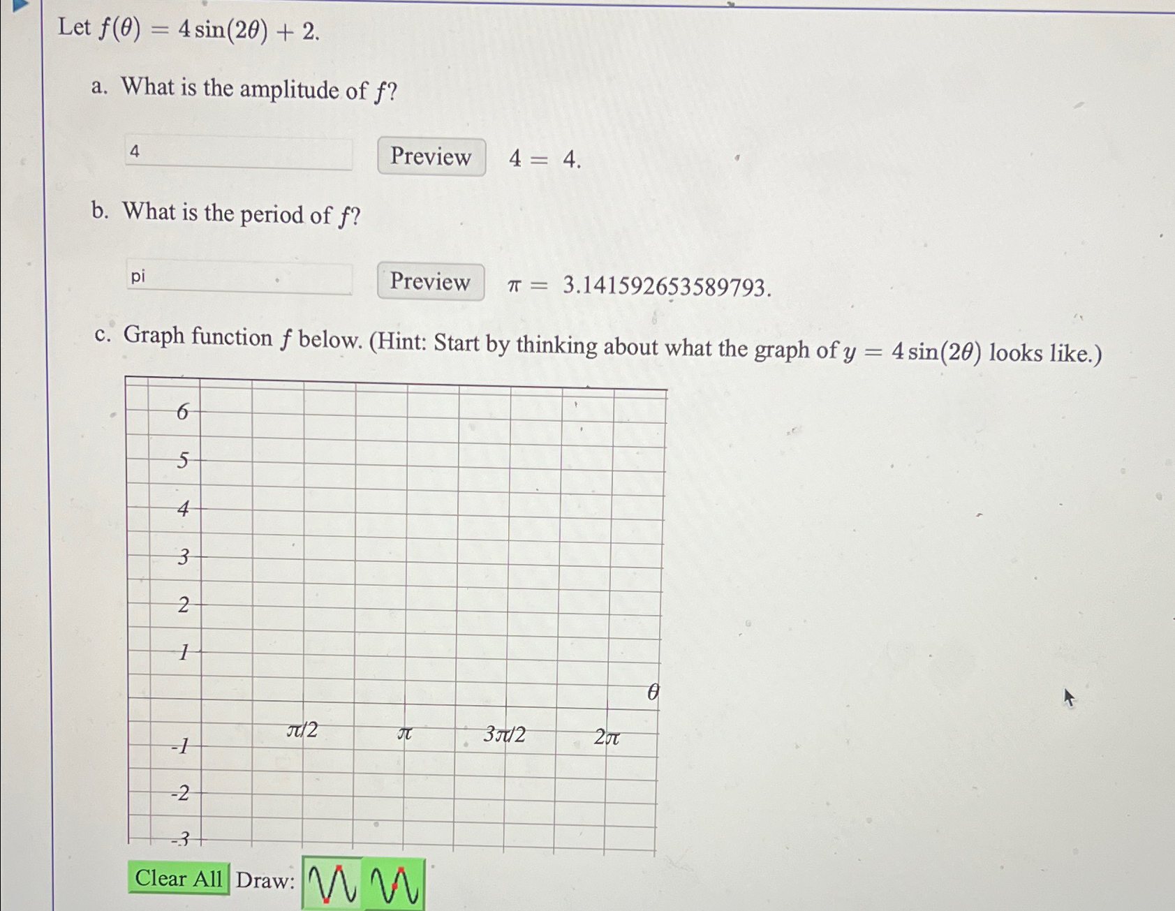 Solved Let f(θ)=4sin(2θ)+2.a. ﻿What is the amplitude of | Chegg.com