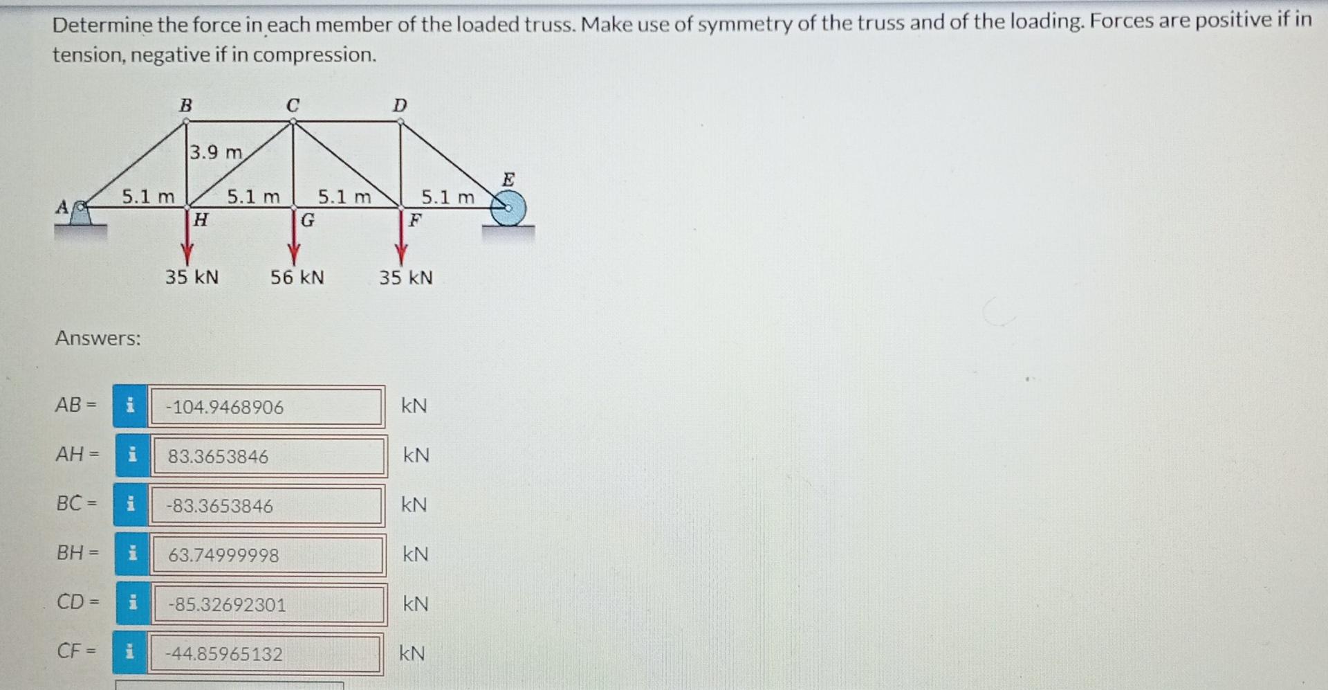 Solved given values AH= 5.1m HG= 5.1m GF= 5.1m FE= 5.1m BH= | Chegg.com