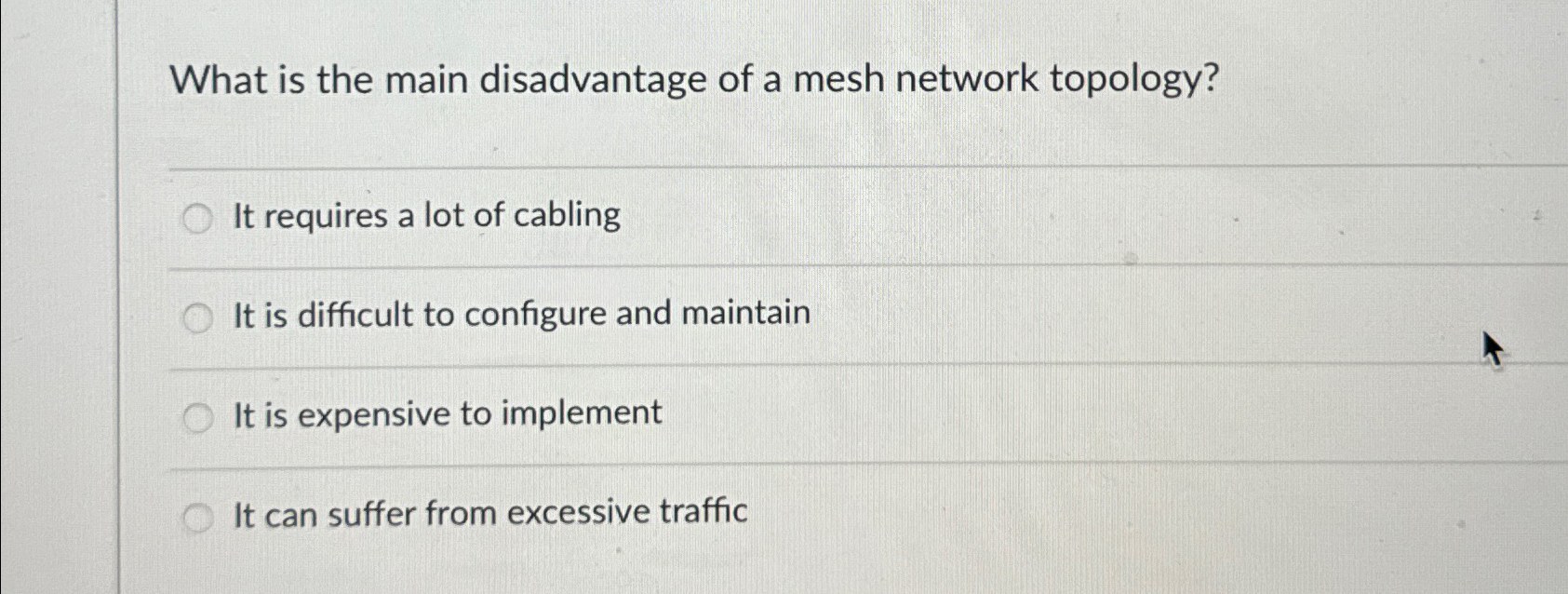 Solved What is the main disadvantage of a mesh network | Chegg.com