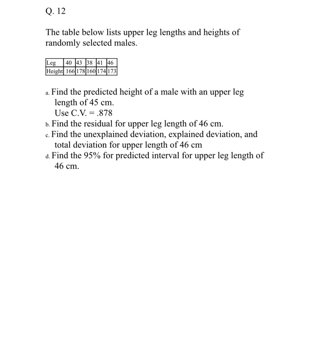Solved Q. 12 The table below lists upper leg lengths and | Chegg.com