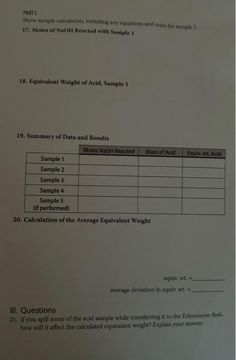 Solved PART C. EQUIVALENT WEIGHT Record data with units. 1. | Chegg.com